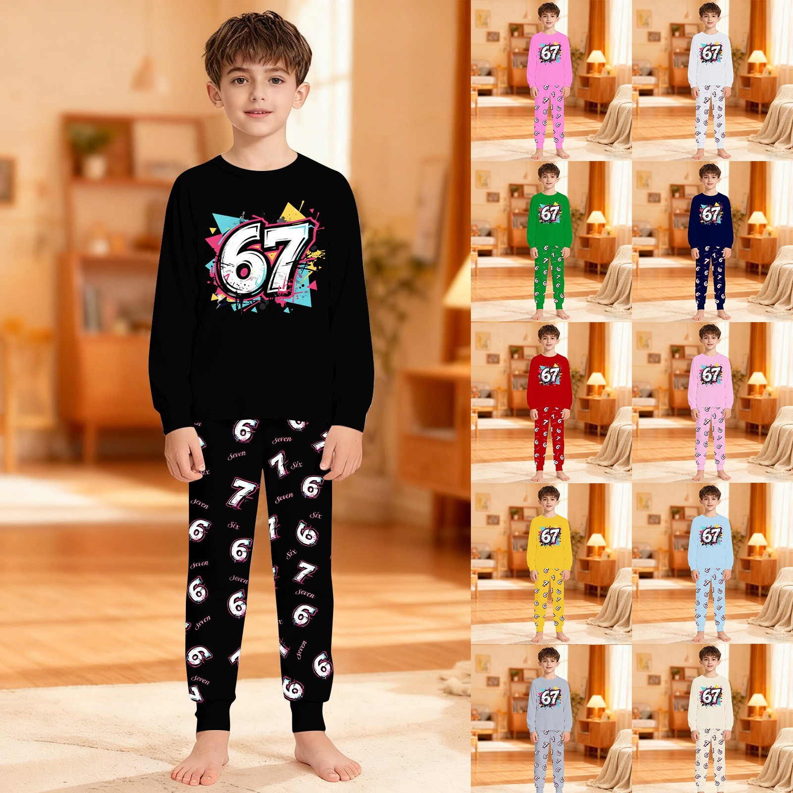 Boys Pajama Sets Six Seven Print Sweatshirt Pant Loungewear Comfortable ...
