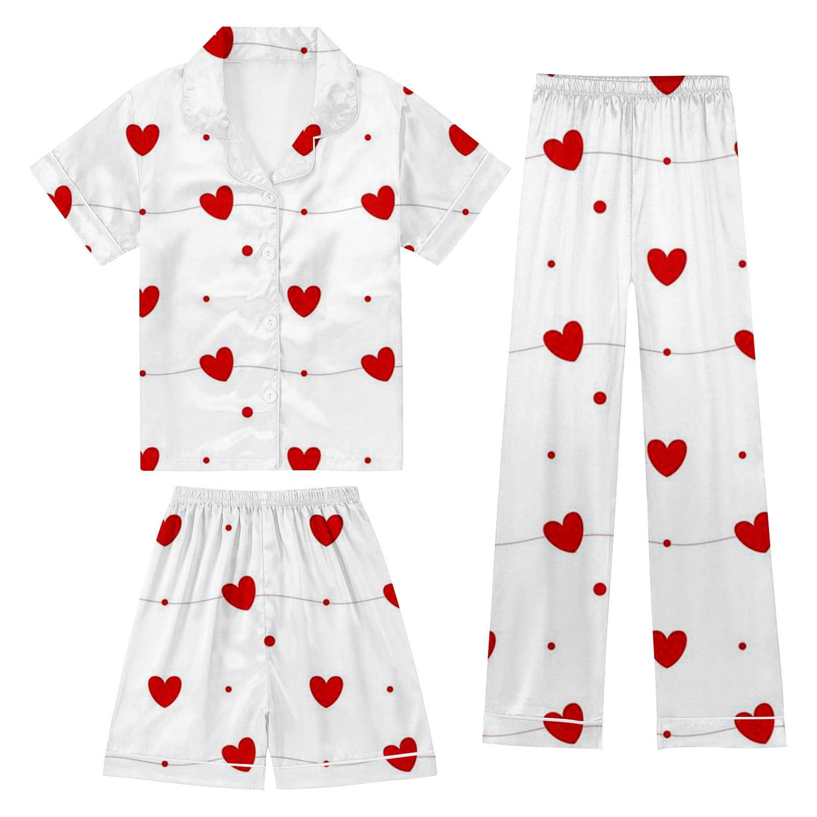 Boys Pajamas 3 Piece Button Down Heart Printed Silk Smoothing Soft Short Sleeve Shirts Shorts ...