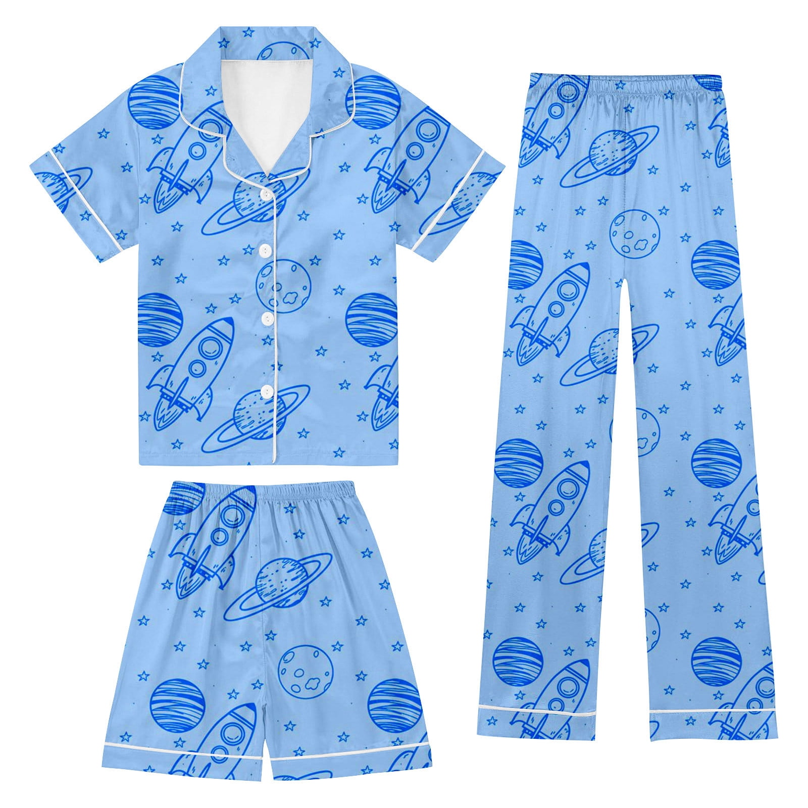 Boys Pajamas 3 Piece Silk Satin Short Sleeve Collared Shirts Long Pants ...