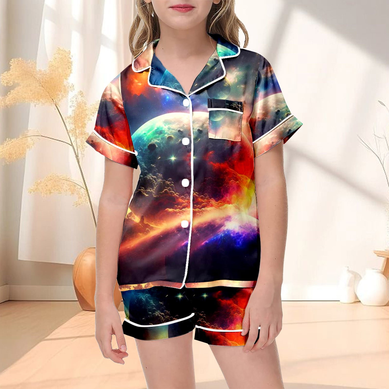 Boys Pajamas Set Starry Sky Print Satin Pajamas Kids Girls Boys Short ...