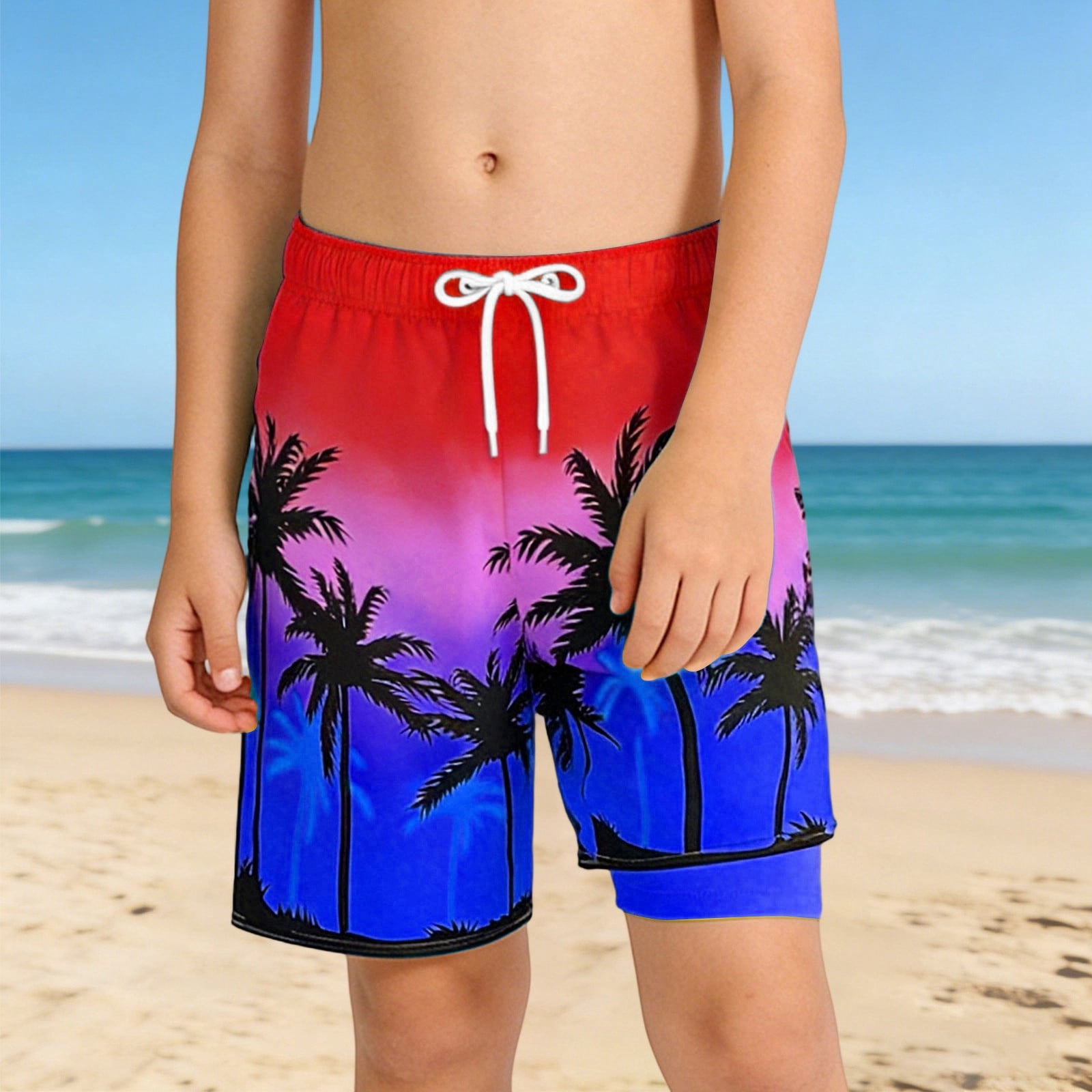 Boys Palm Tree Print Drawstring Swim Trunks Lined Fashion Beach Shorts ...