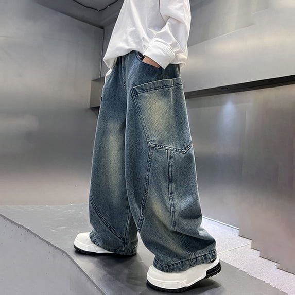 Boys' Pants Loose Fit Solid Print Pocketed Elastic Waist Denim Wide Leg ...