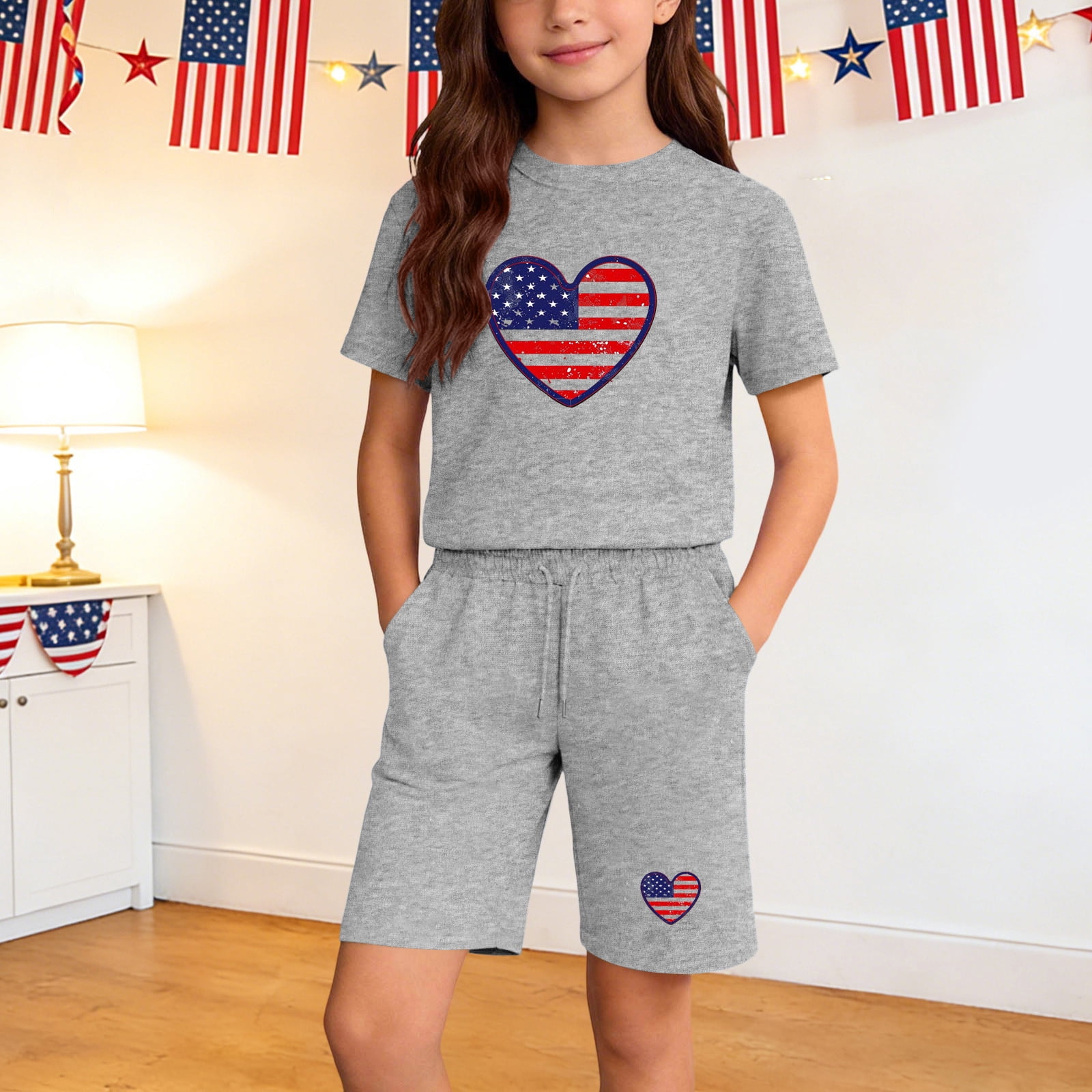 Boys Patriotic Tracksuit Retro USA Flag Heart Shape Graphic Print Short ...