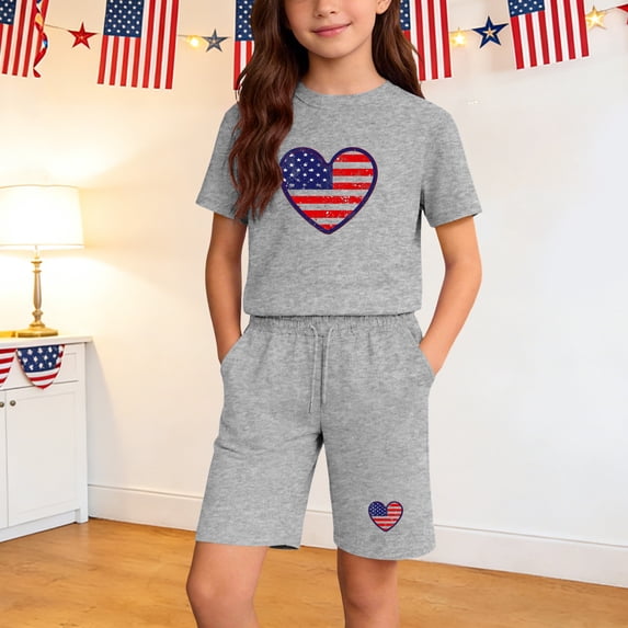Boys Patriotic Tracksuit Retro USA Flag Heart Shape Graphic Print Short ...
