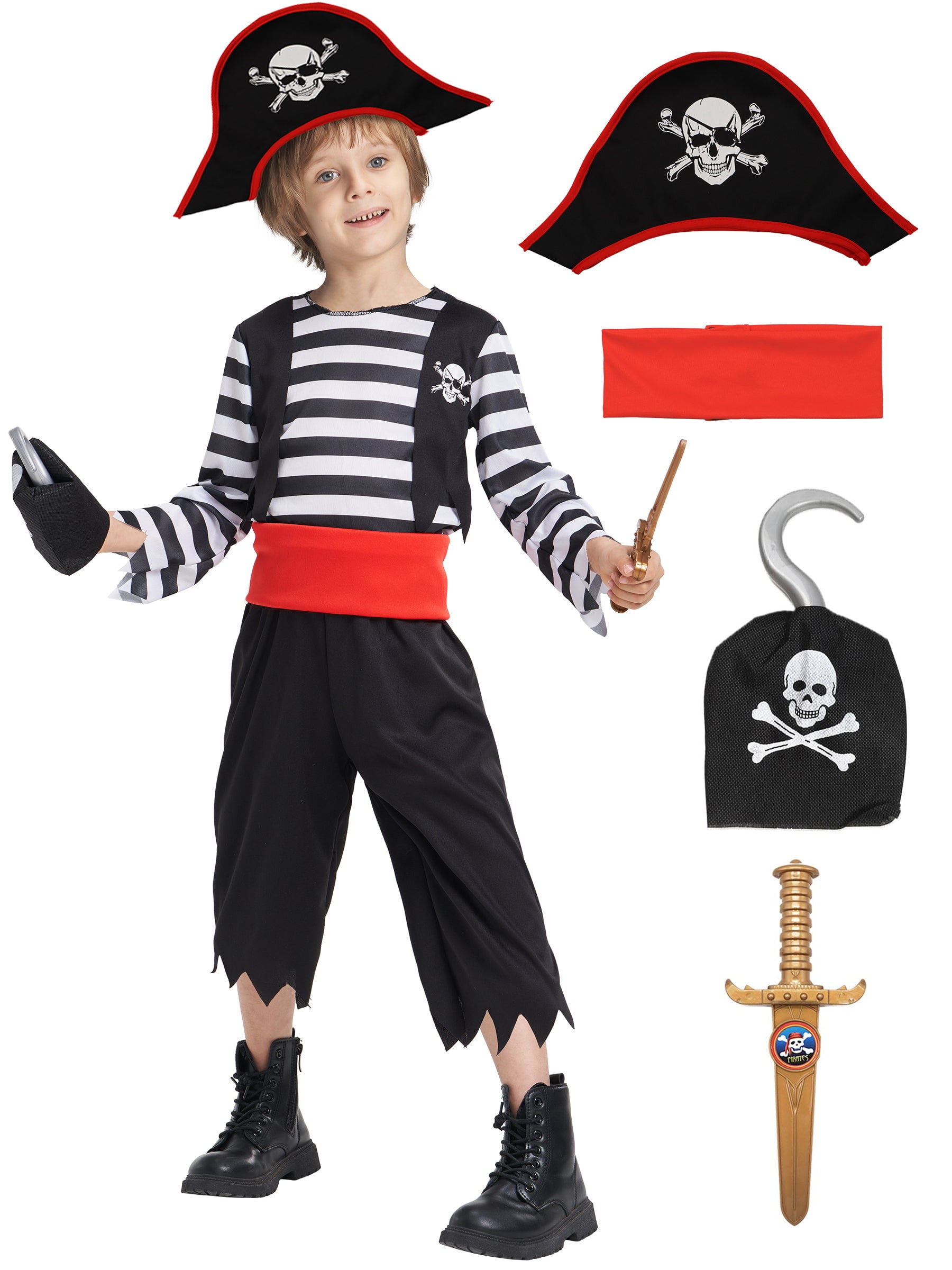 IKALI Boys Pirate Costume, 4-6 Years, Dress Up Set with Top, Shorts ...