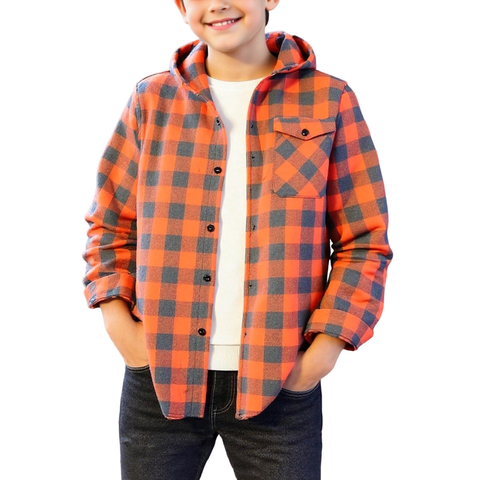 Boys Plaid Shirt Jackets Flannel Hoodie Shackets with Chest Pocket Long ...