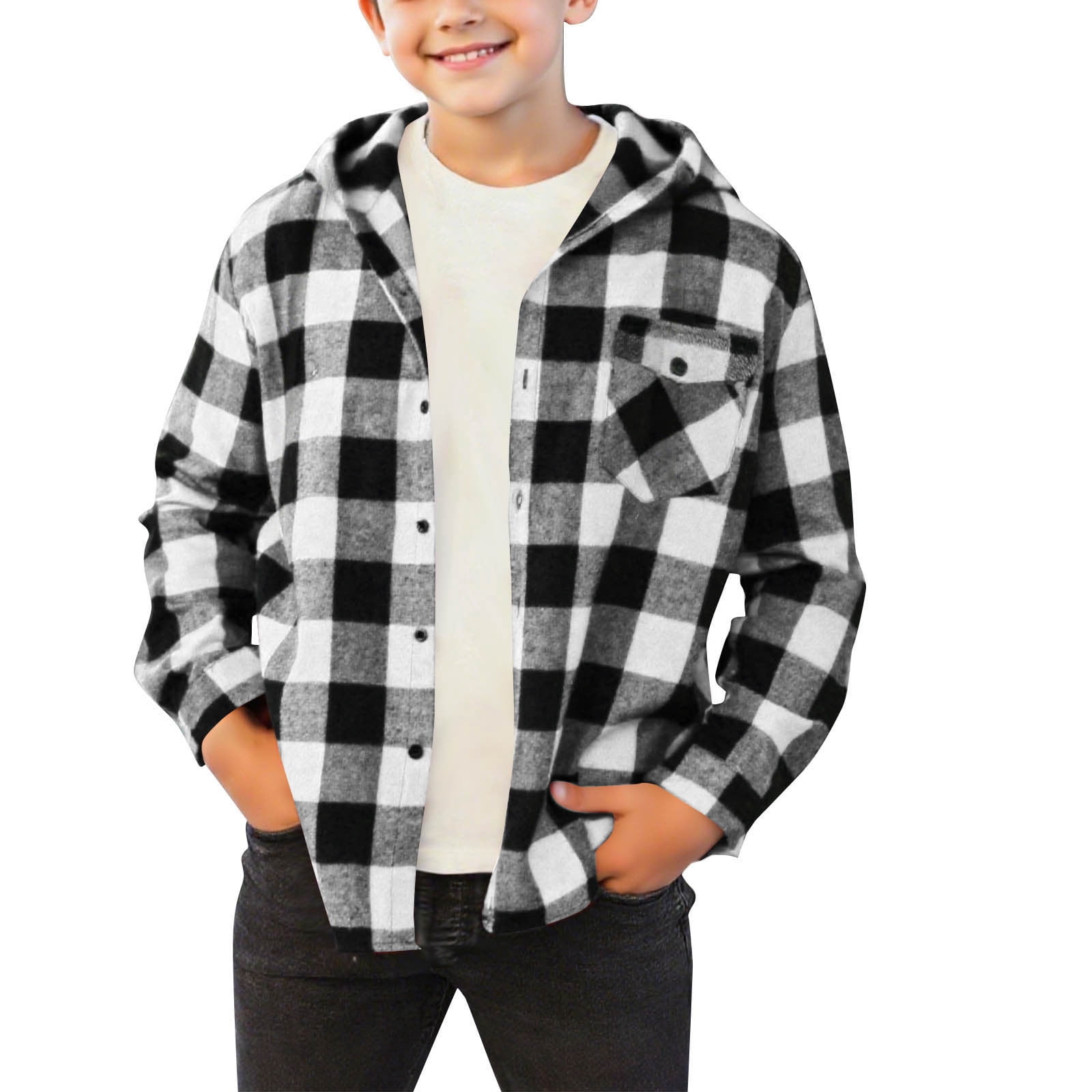 Boys Plaid Shirt Jackets Flannel Hoodie Shackets with Chest Pocket Long ...