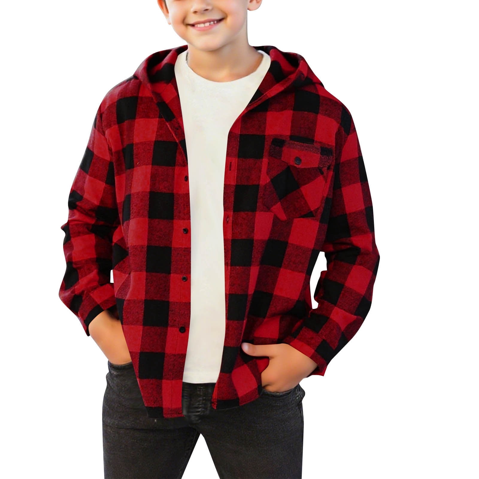 Boys Plaid Shirt Jackets Flannel Hoodie Shackets with Chest Pocket Long ...
