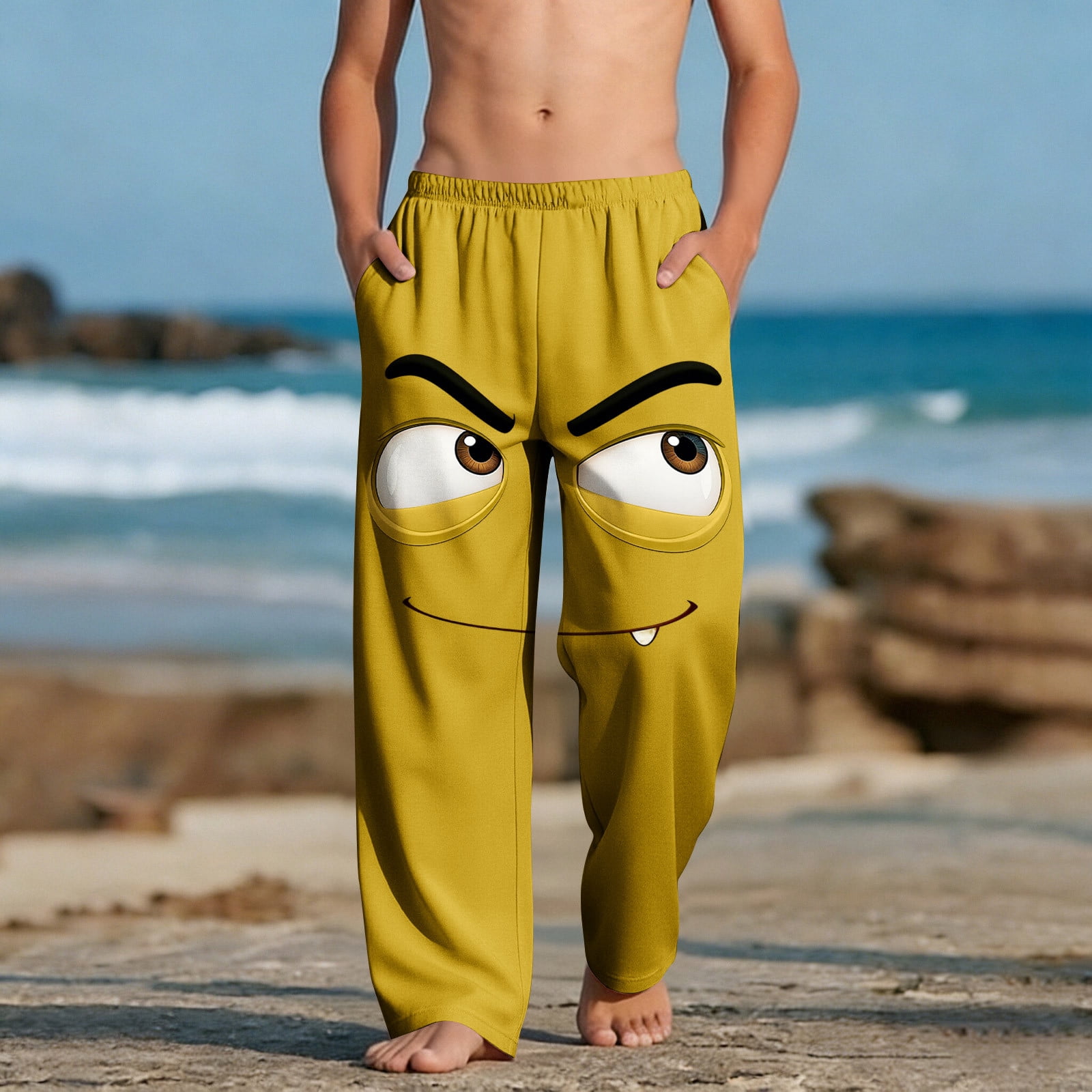 Boys Play Pants with Funny Graphic - Cheeky Face Print, Elastic Waist ...