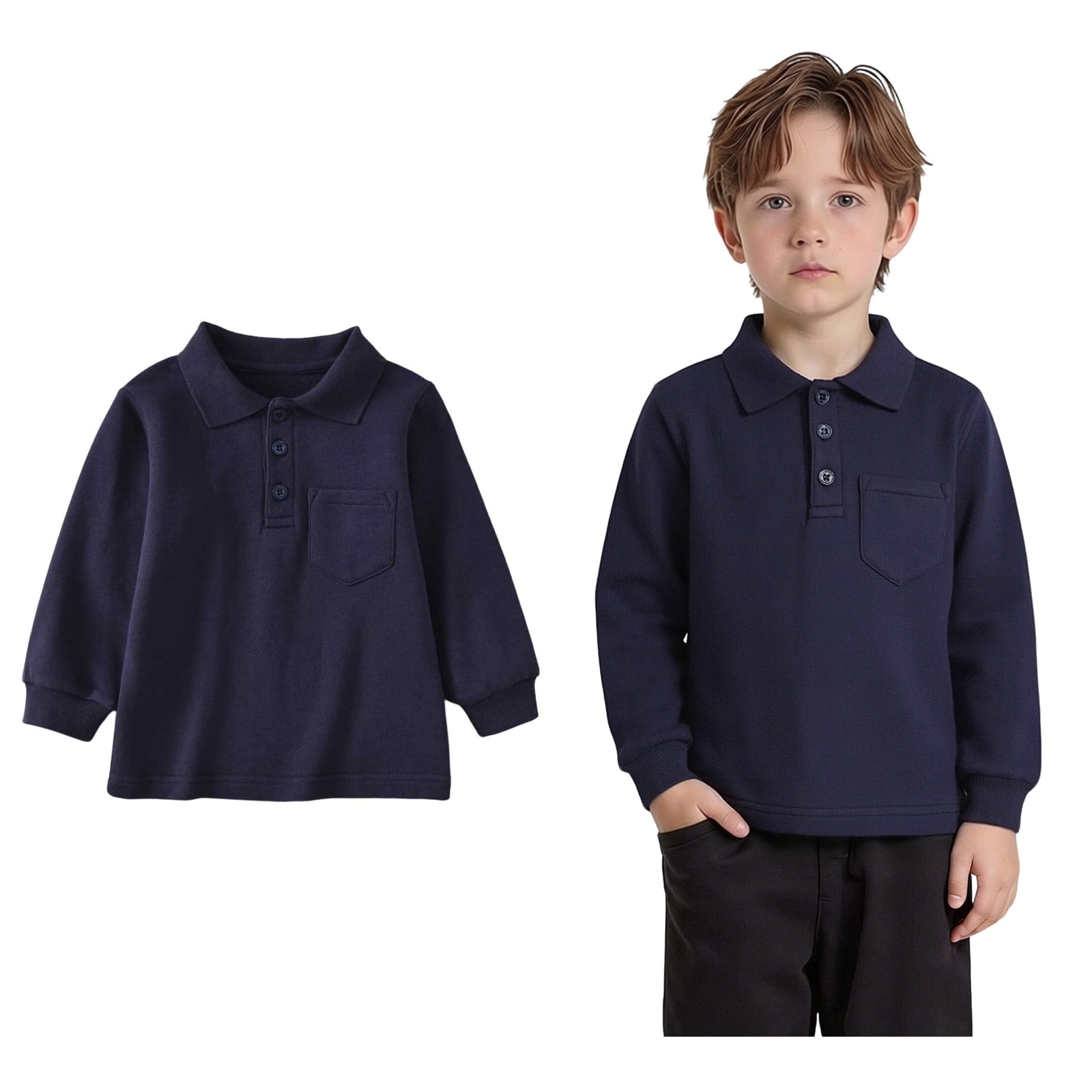 Boys Polo Shirt Long Sleeve Blue Boys Button up Shirt Collared Shirt ...