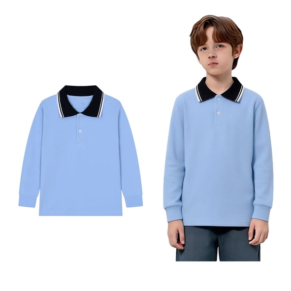 Boys Polo Shirt Long Sleeve Kids Blue Button down Shirt Collared Shirts ...