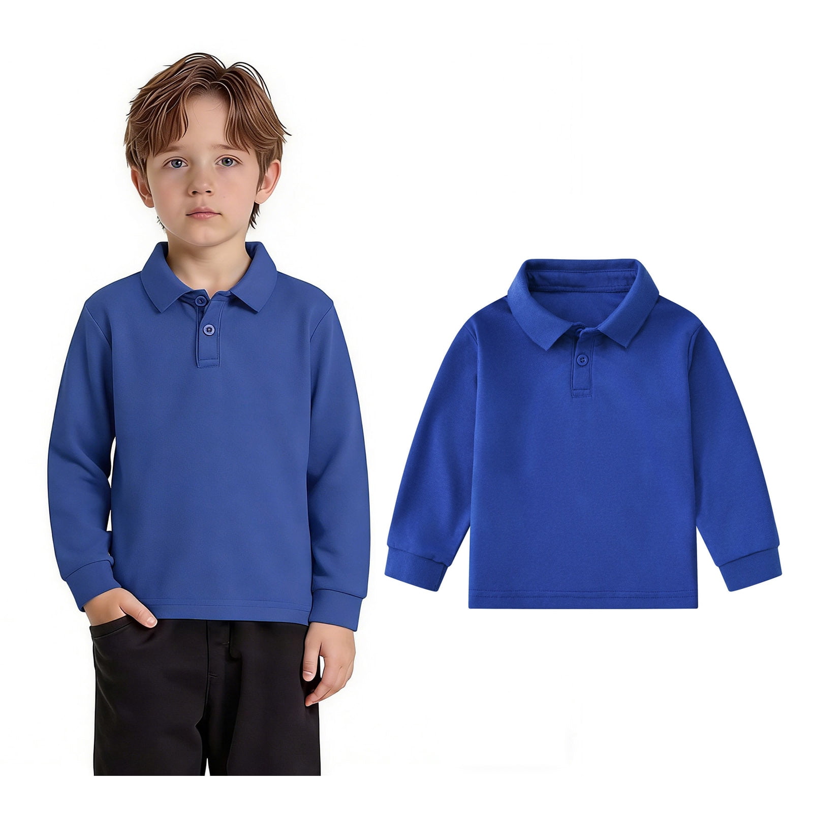 Boys' Polo Shirt Long Sleeve Kids Dark Blue Button down Shirt Casual ...