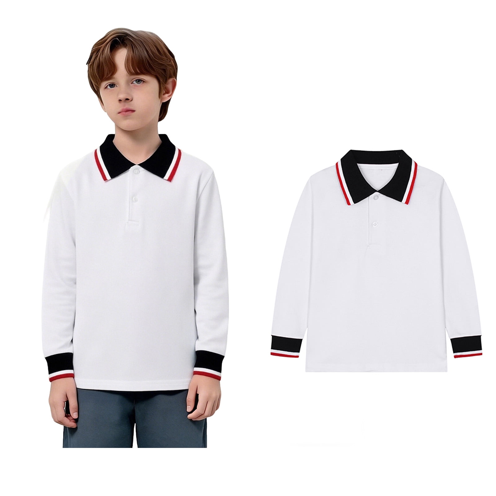 Boys Polo Shirt Long Sleeve Red Button down Shirt Boys Boys Collared ...