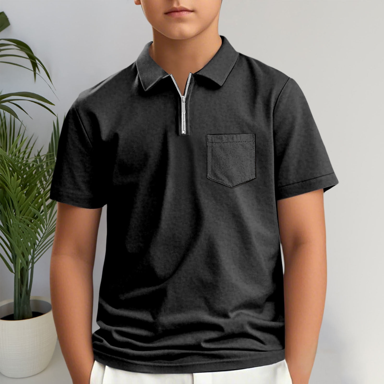 Boys Polo Shirt Short Sleeves Kids Black Zipper Shirt Casual Tops ...