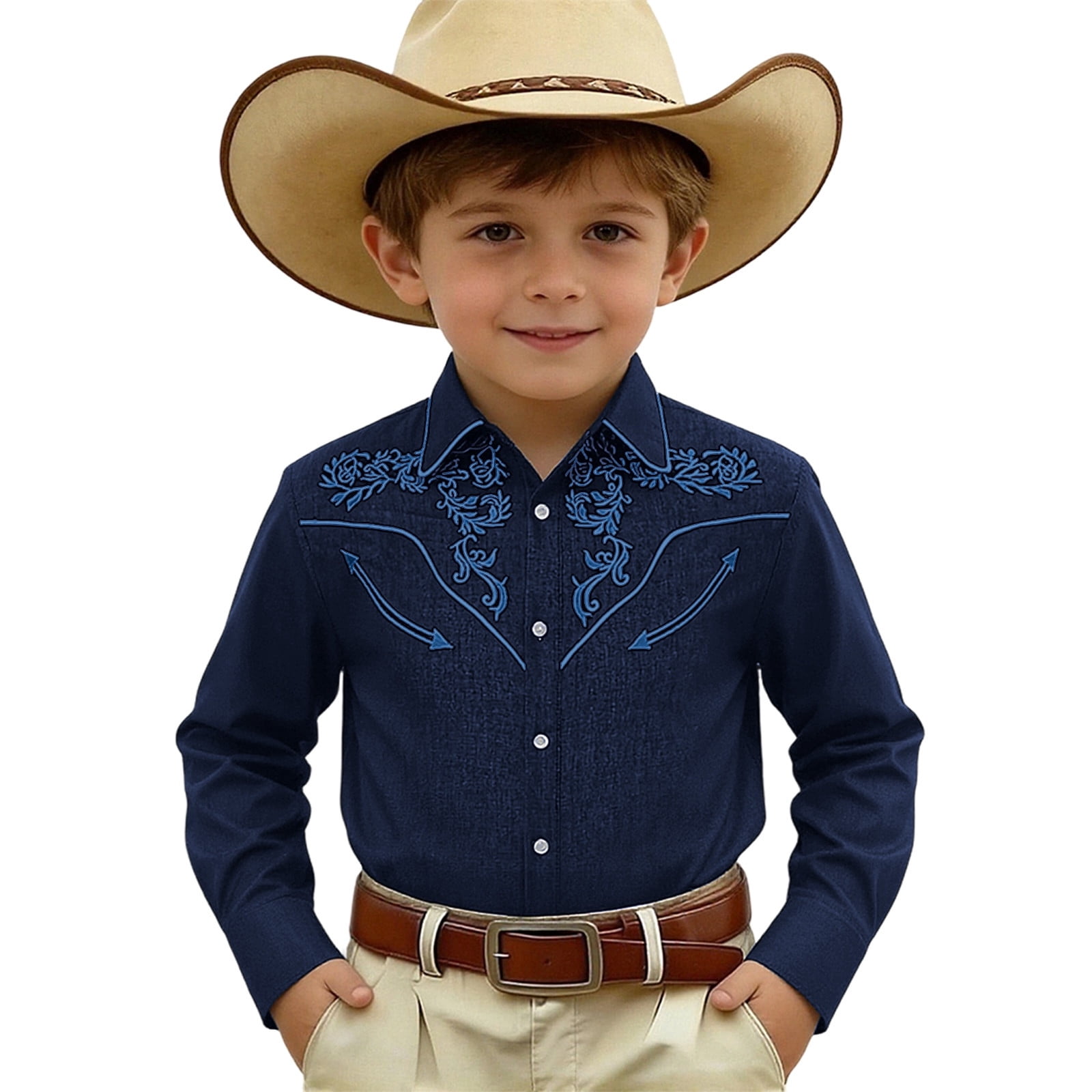 Boys Printed Western Cowboy Shirt Snap Button Denim Style Long Sleeve ...