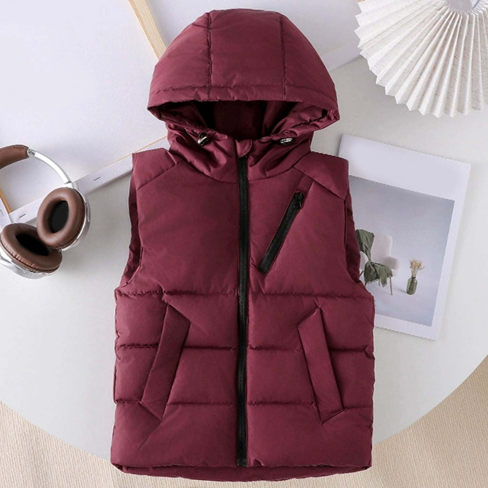 Boys Puffer Vest Hooded Jacket Red Down Vest Full-Zip Lightweight ...