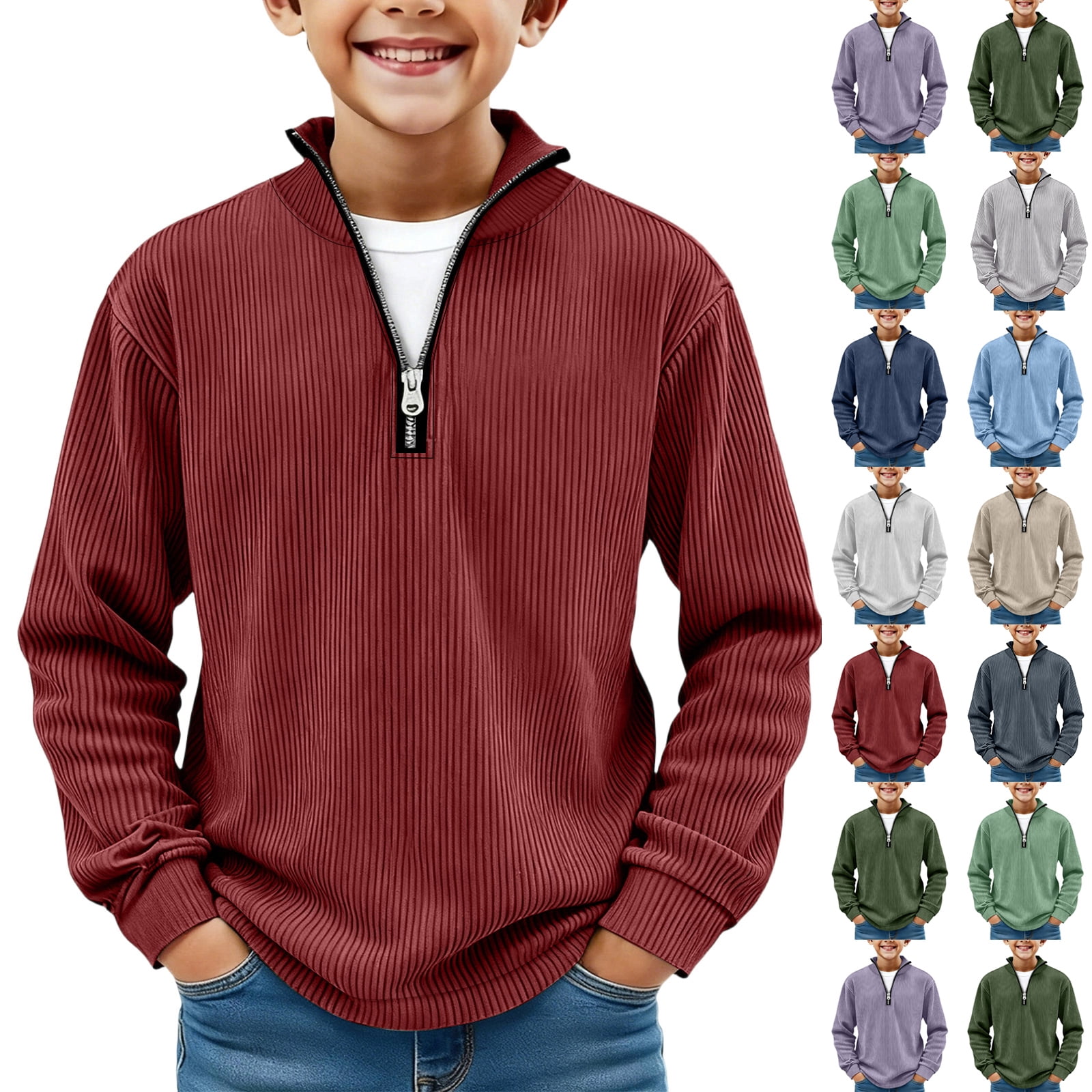 Boys Quarter Zip Pullover Long Sleeve Shirts Solid Color Sweatshirts ...