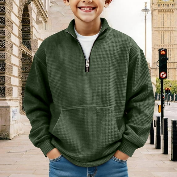 Boys Quarter Zip Sweatshirts - Waffle Knit Kids Long Sleeve Pullover ...