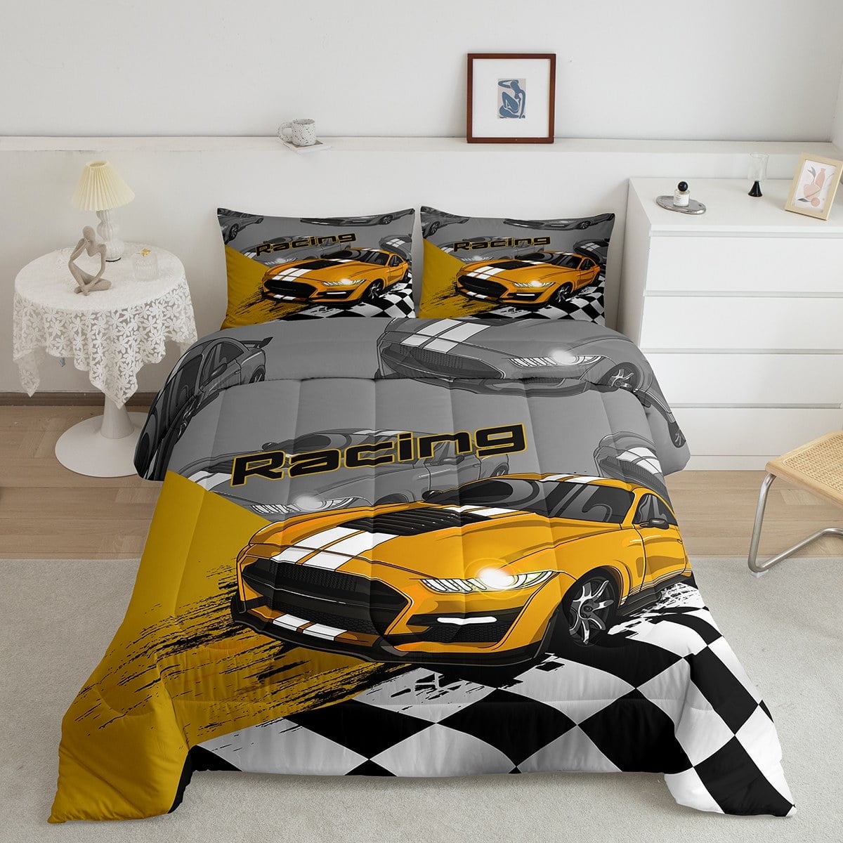 Race Car Bedding Speed Sports Car Twin Bed Comforter Set Teens Yellow ...
