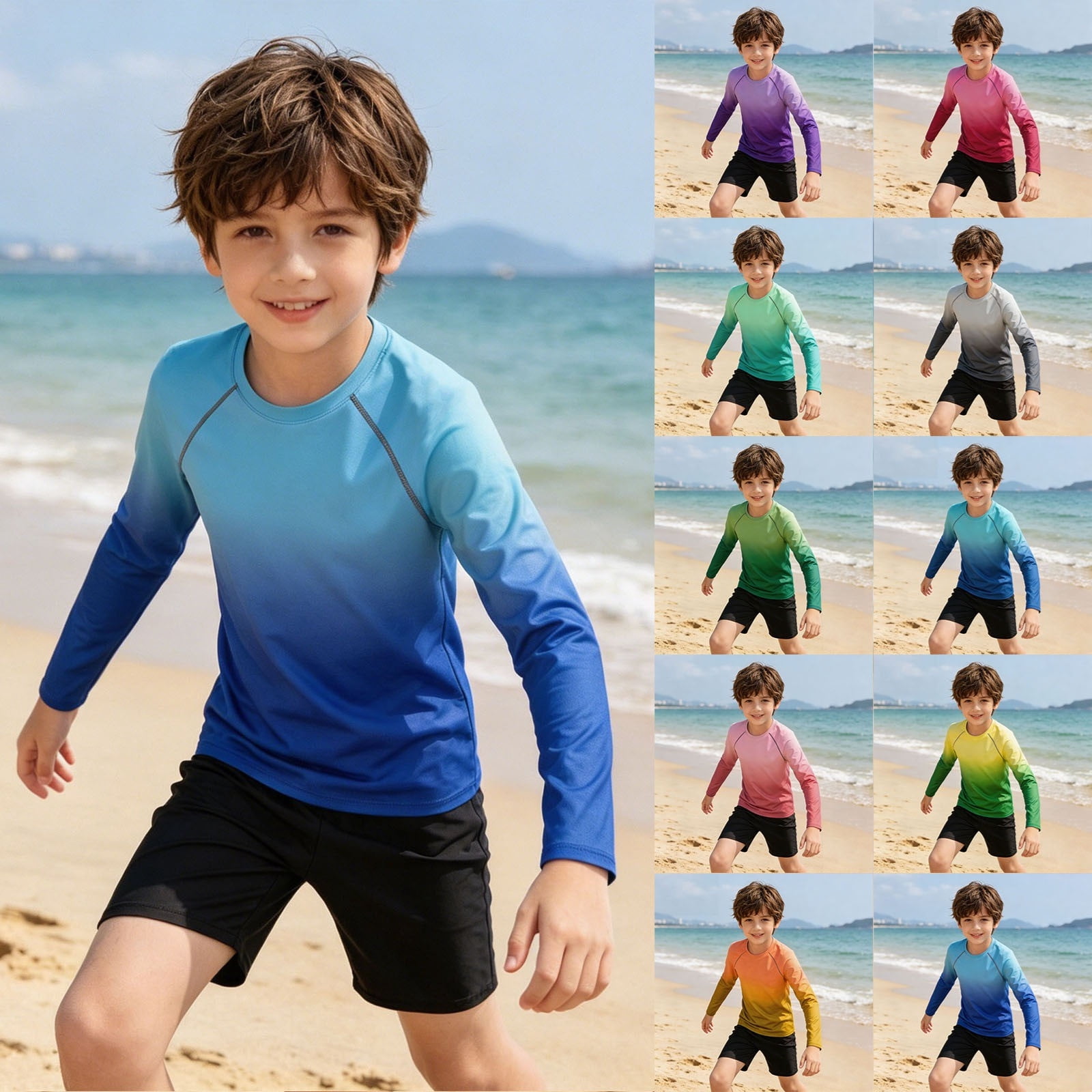 Boys Rash Guard Long Sleeve, Kids Youth UPF 50+ UV Protection Gradient ...