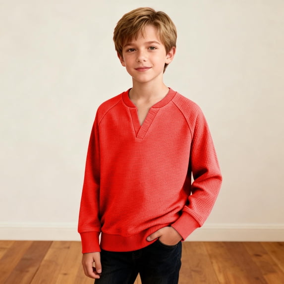 Boys Red Long Sleeve Henley Shirt - Classic Waffle Knit Top for Kids ...