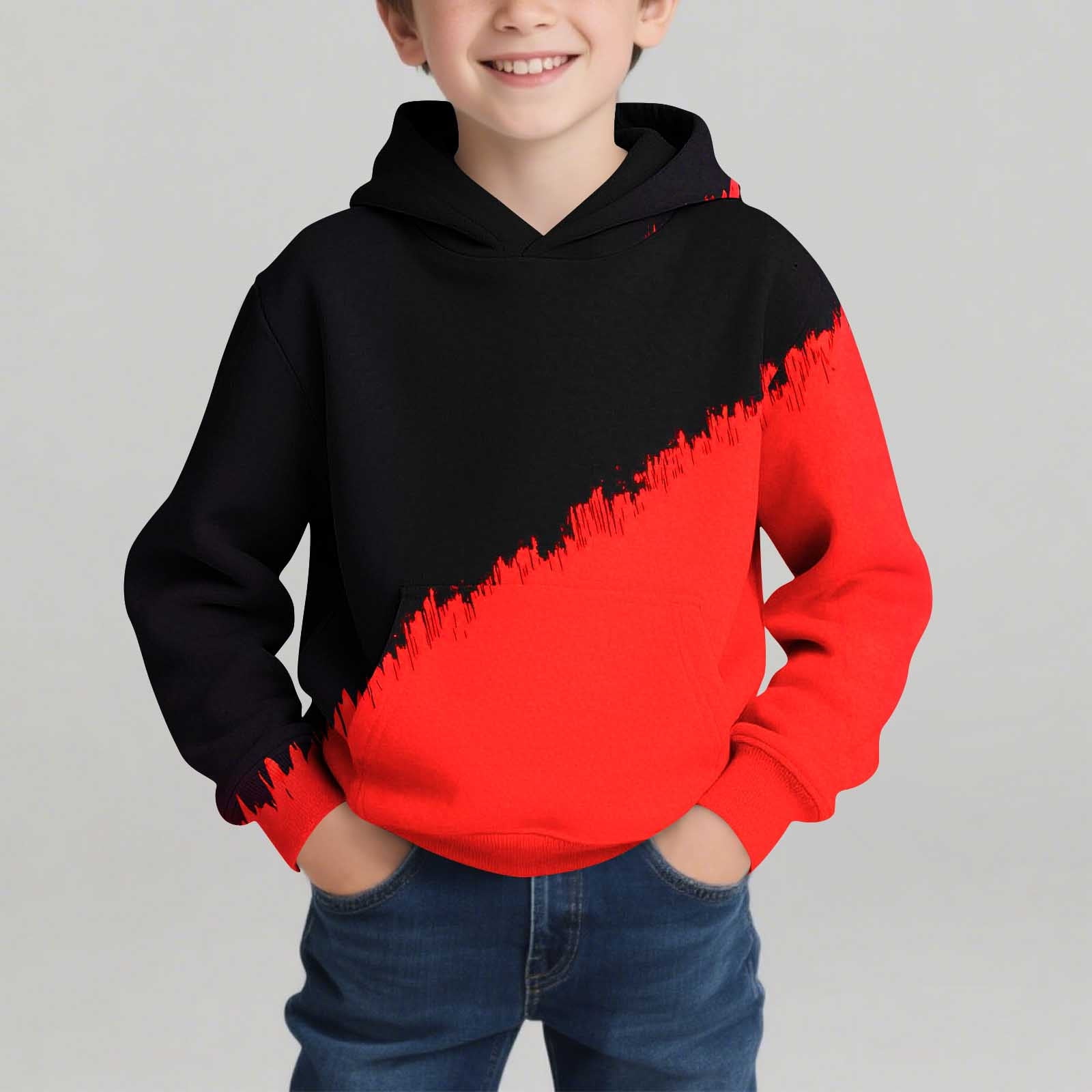Boys Red Two Tone Hoodie Kids Pullover Soft Stretch Color Block Design ...