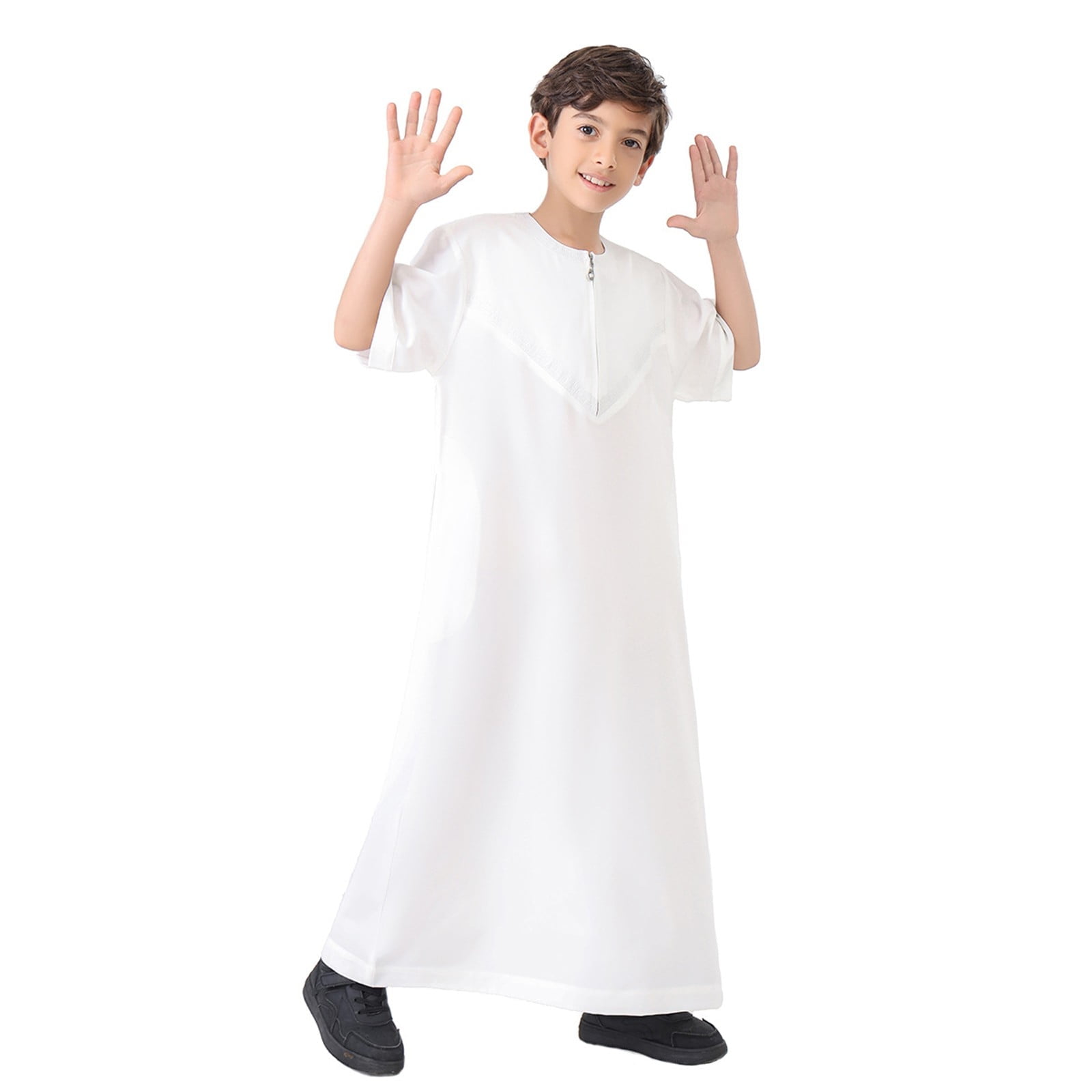 Boys Robe Kids Arabic Thobe Short Sleeve Crew Neck Solid Color Teenage ...