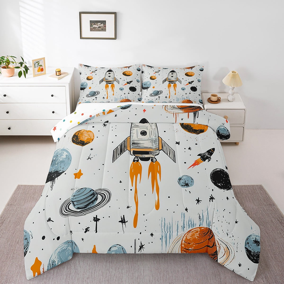 Rocket Comforter Set,Watercolor Planets Toddler Bedding Set for Adults ...