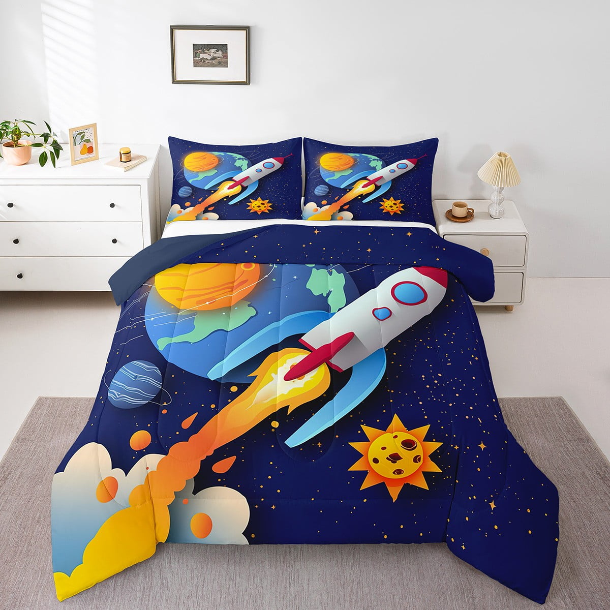 Rocket Comforter Set,Oil Painting Planet Toddler Bedding Set for Adults ...