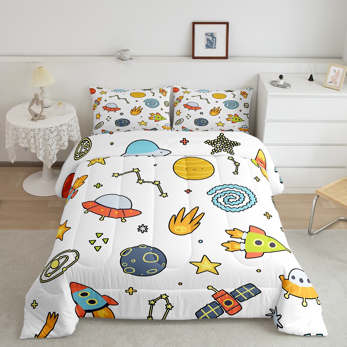 Boys Rocket Ship Comforter Set Full Outer Space Bedding Cartoon ...