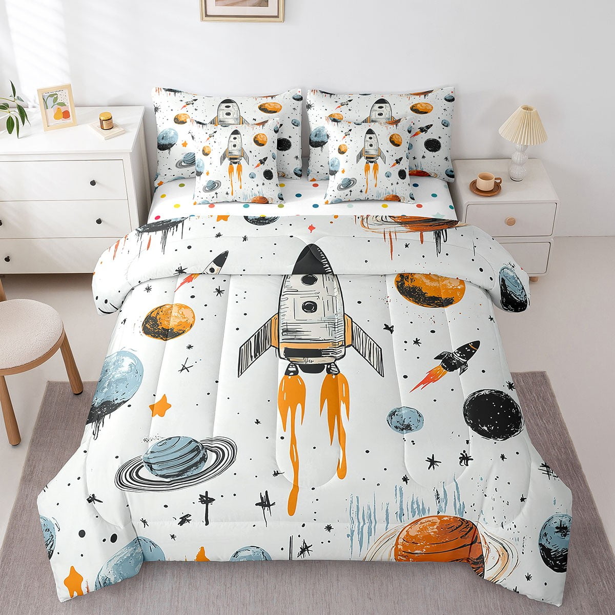 Rocket Twin Comforter Set - Watercolor Planets 7 Piece Bedding All ...