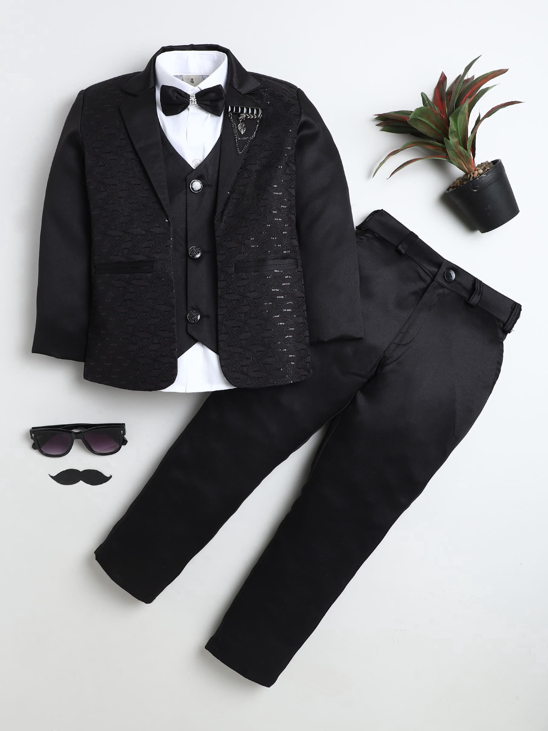 Boys Satin Modern Geometric Jacquard Woven 3-Piece Suit Set with Bow ...