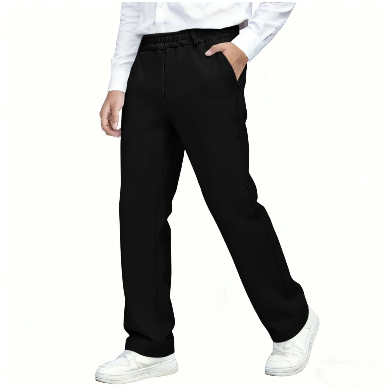 Boys School Pants Straight Leg with Elastic Waist, Black Kids Trousers ...