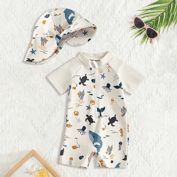 Boys Sea Creature Print Short Sleeve One Piece Rash Guard Cap Set ...