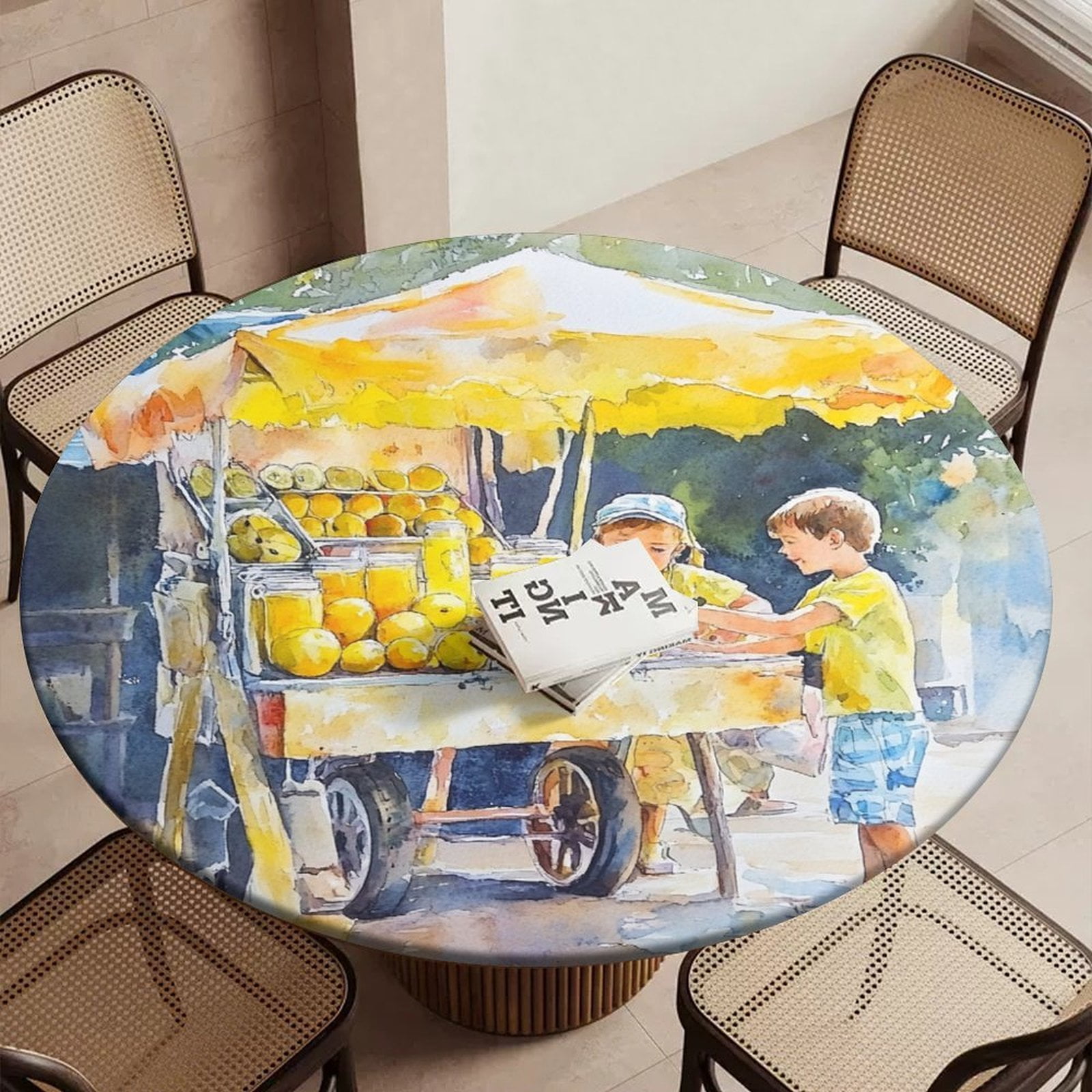 Boys Selling Lemonade Round Table Cover Kitchen Printed Waterproof ...