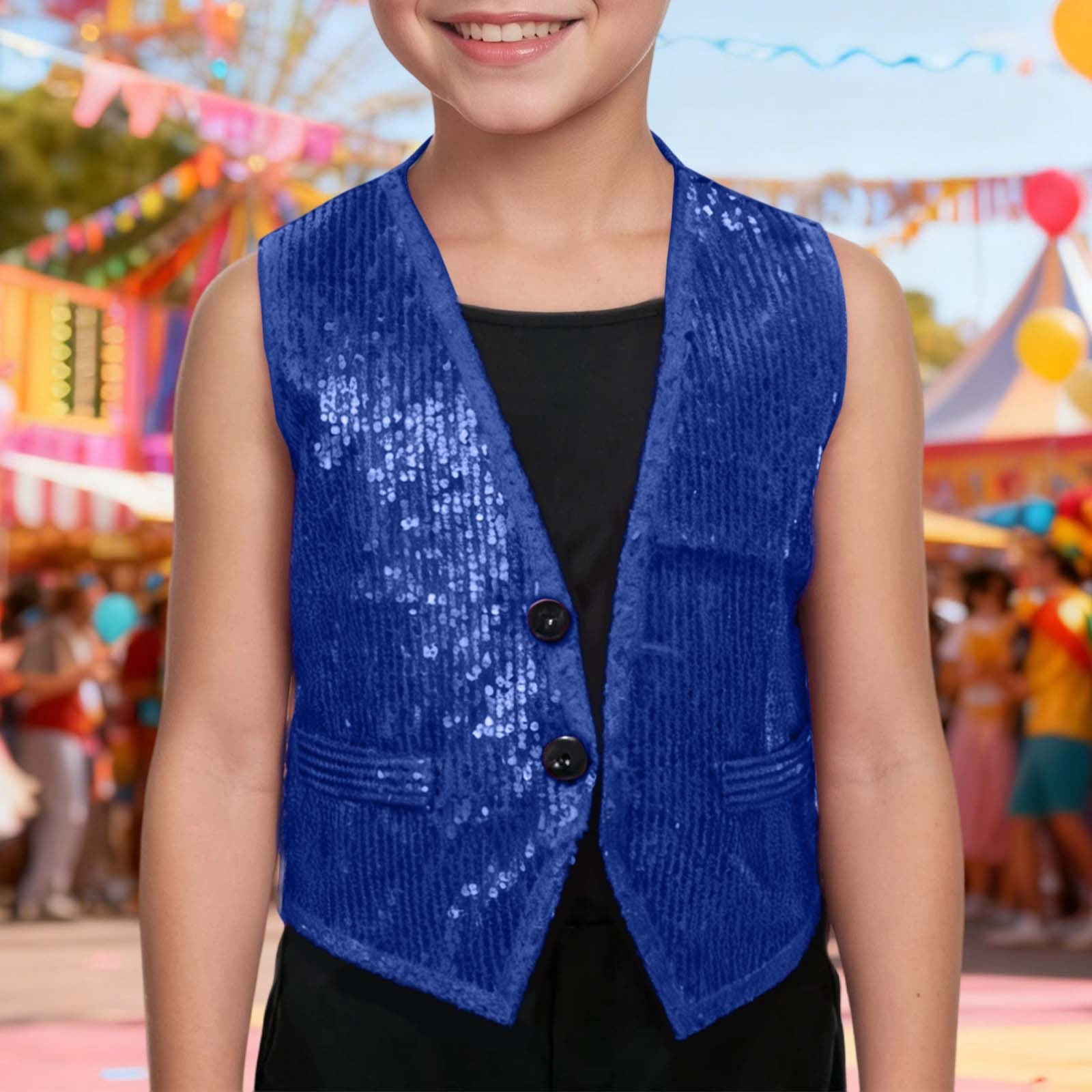 Boys Sequin Vest V-Neck Blue Shiny Dance Vest for Boys Dance Jazz Hop ...