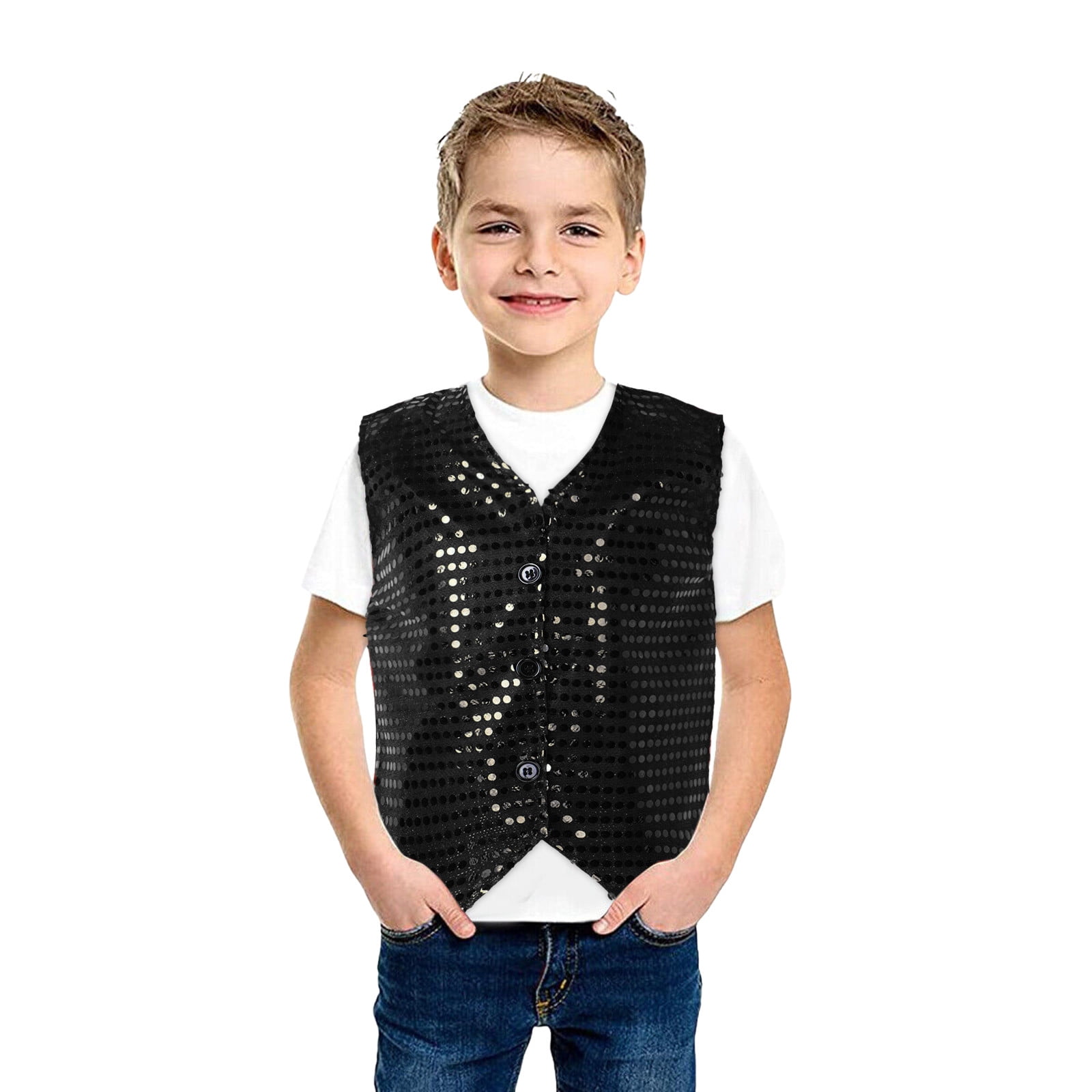 Boys Sequins Jazz Hop Street Dance Vest Jacket Sparkly Sequins Button ...