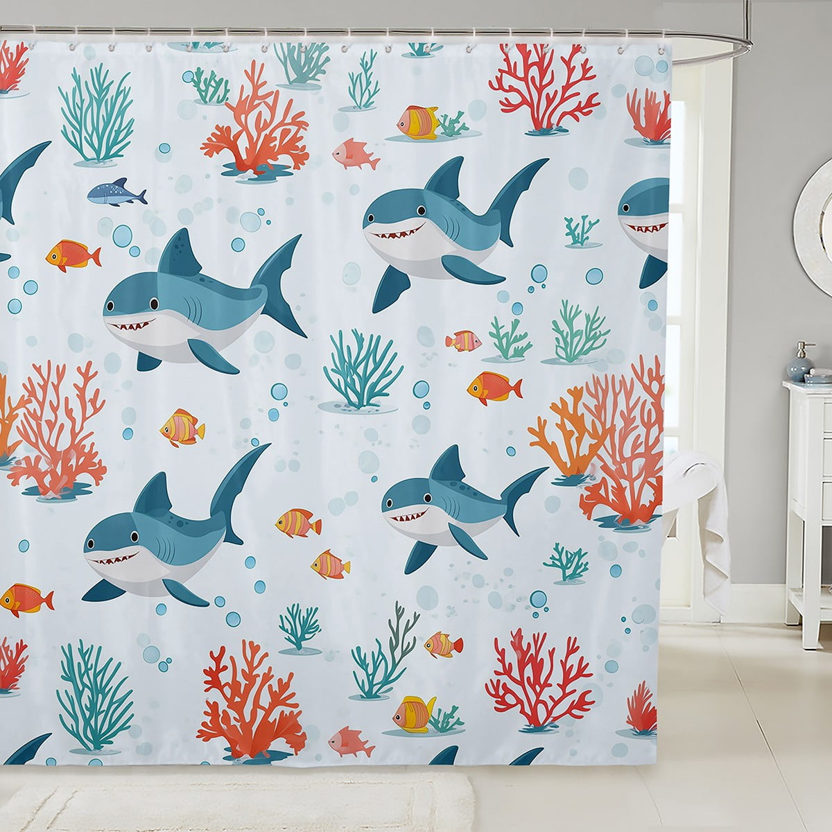 Boys Shark Bath Curtain Ocean Sealife Shower Curtain for Girls Teens ...