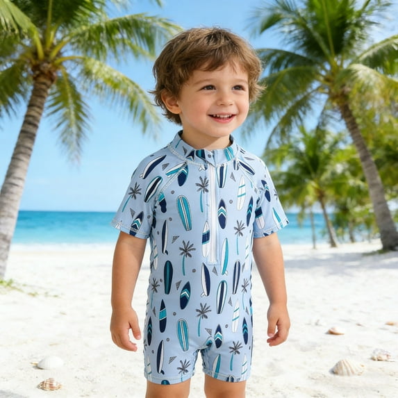 Boys Shark Cartoon Surfboard Pattern One Piece Swimsuit For Spring ...