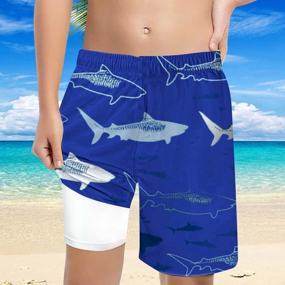 Boys' Shark Print Swim Trunks – Double Layer Quick-Dry Beach Shorts ...