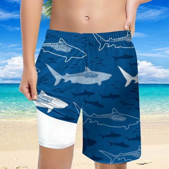 Boys' Shark Print Swim Trunks – Double Layer Quick-Dry Beach Shorts ...
