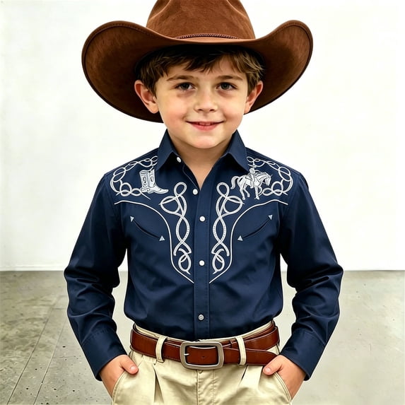 Boys Shirts Long Sleeve Button Down Collar Cowboy Western Print Button ...