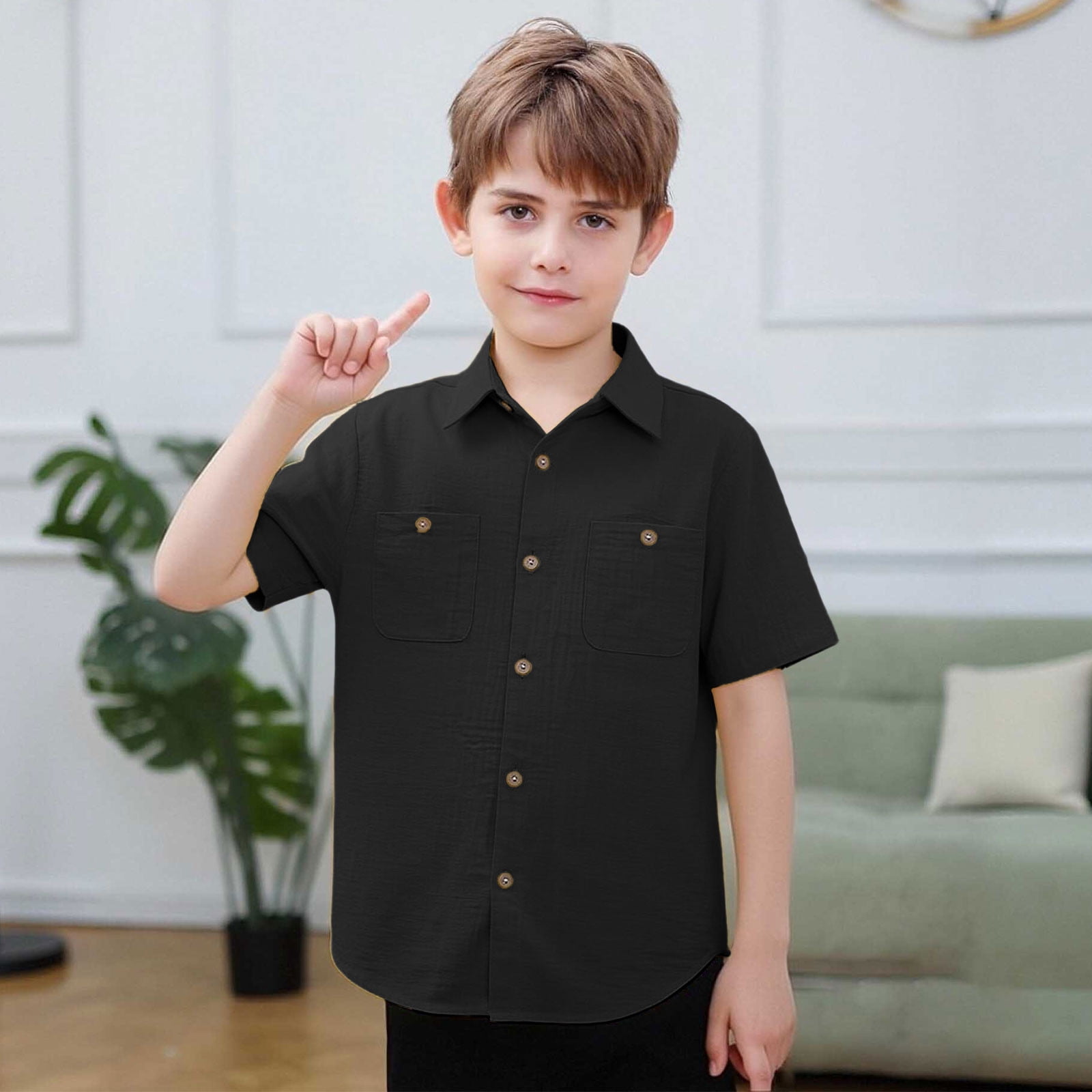 Boys Shirts Short Sleeve Button Down Lapel Shirt with Pockets Soft ...
