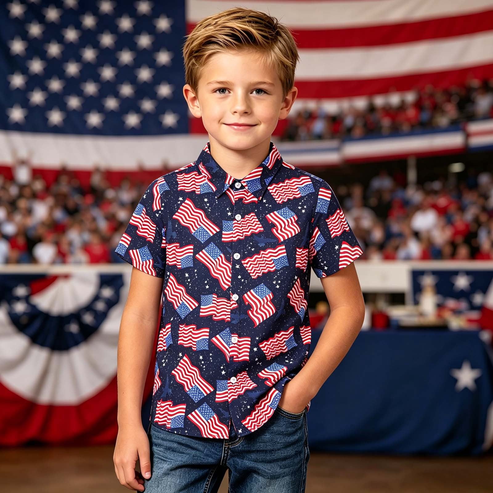 Boys Shirts Short Sleeve Lapel Collar Independence Day Print Button ...