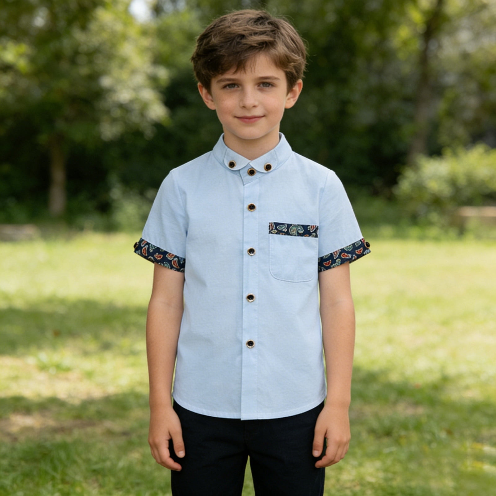 Boys Shirts Short Sleeve Turn Down Collar Color Block Print Button Down ...