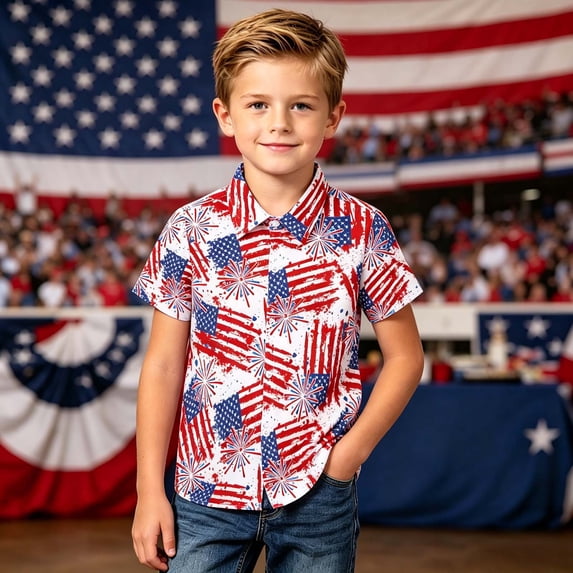 Boys Shirts Short Sleeve Turn Down Collar Independence Day Print Button ...