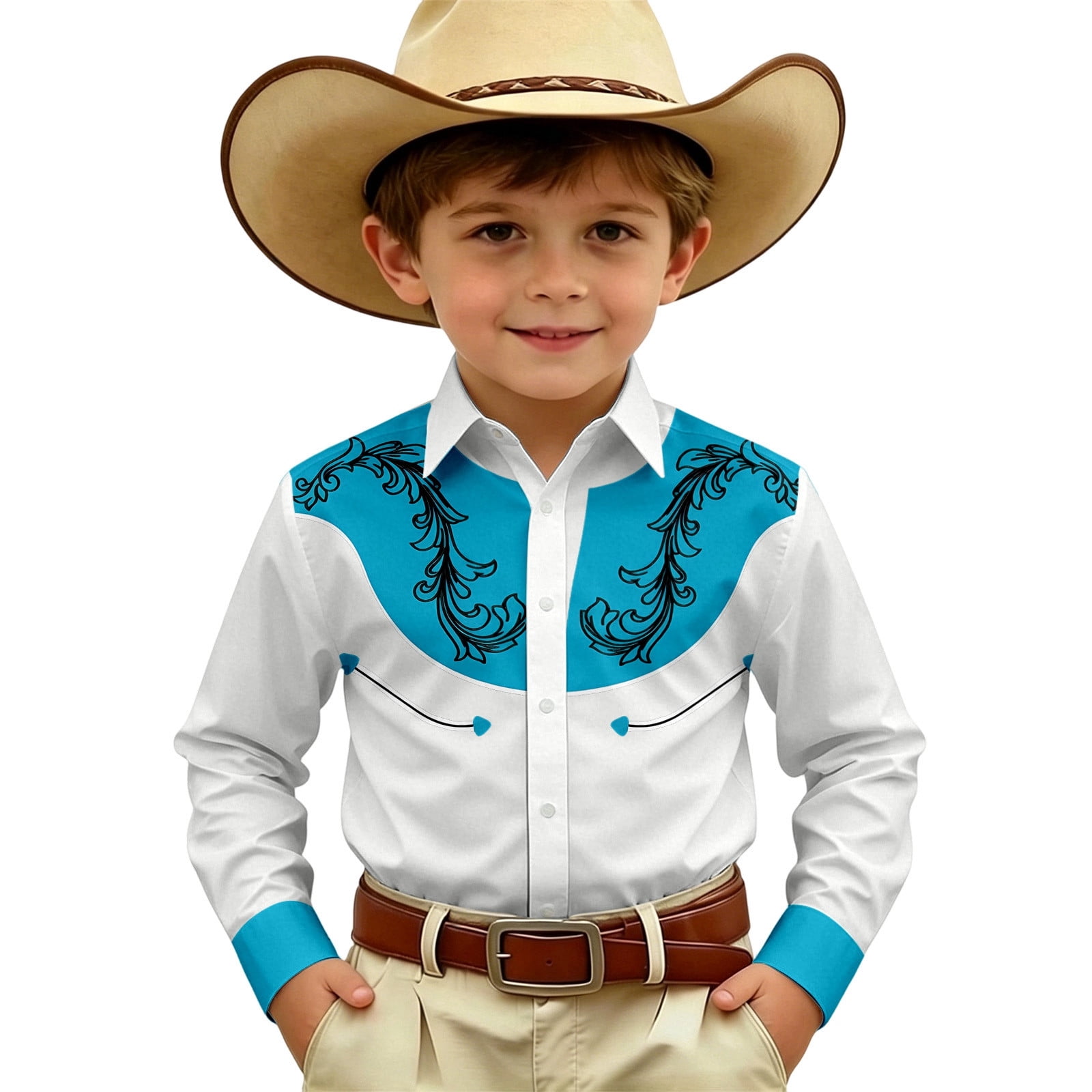 Boys Shirts T Shirt Long Sleeve Western Print Cowboy Style Casual ...
