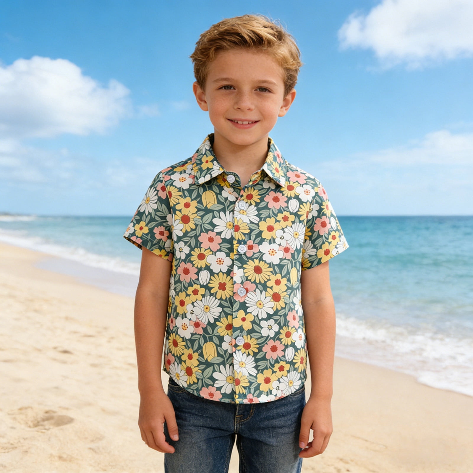 Boys Short Sleeve Shirt, Floral Print 100% Cotton Top, Button Down ...