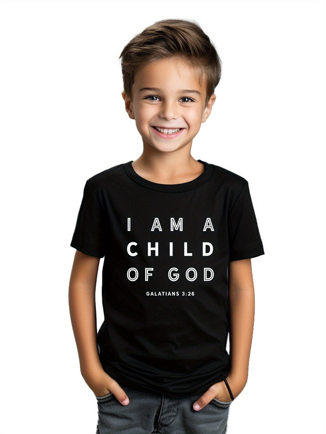 Boys' Short Sleeve T-Shirt - "I AM A CHILD OF GOD" Print, Navy Blue ...