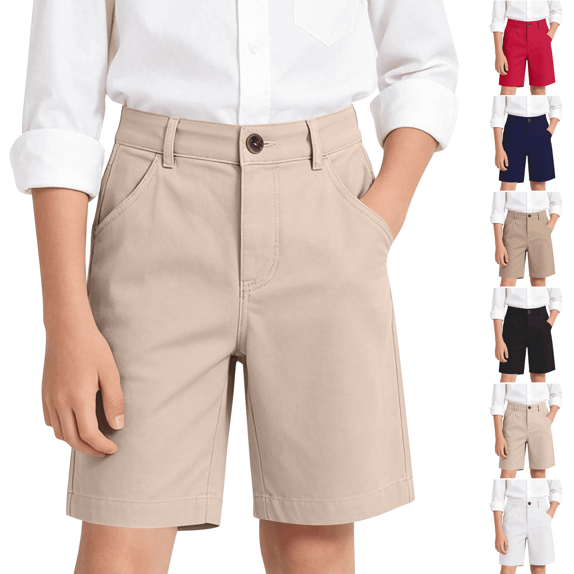 Boys Shorts Flat Front Elastic Waist Buttons Stretch Twill Solid Color ...
